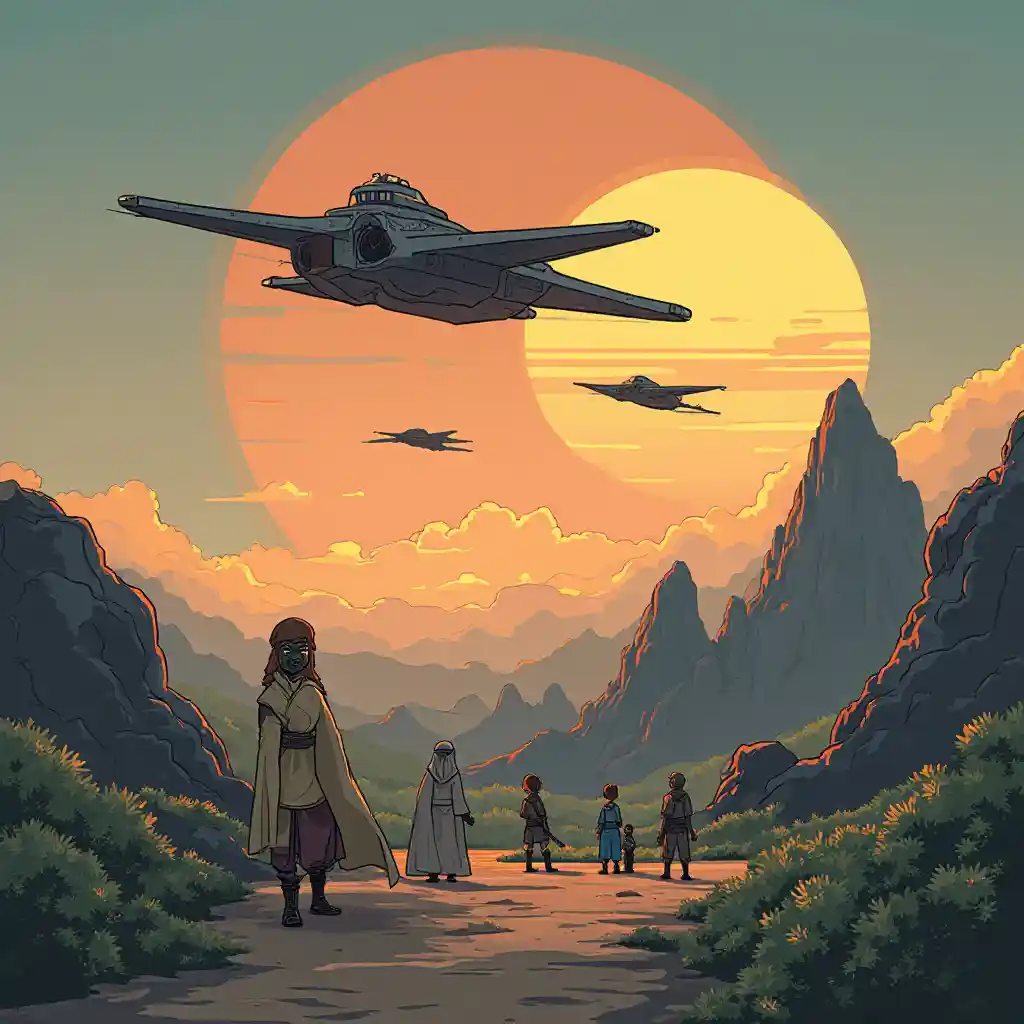 Ghibli Style Illustration Featuring Iconic Star Wars Elements