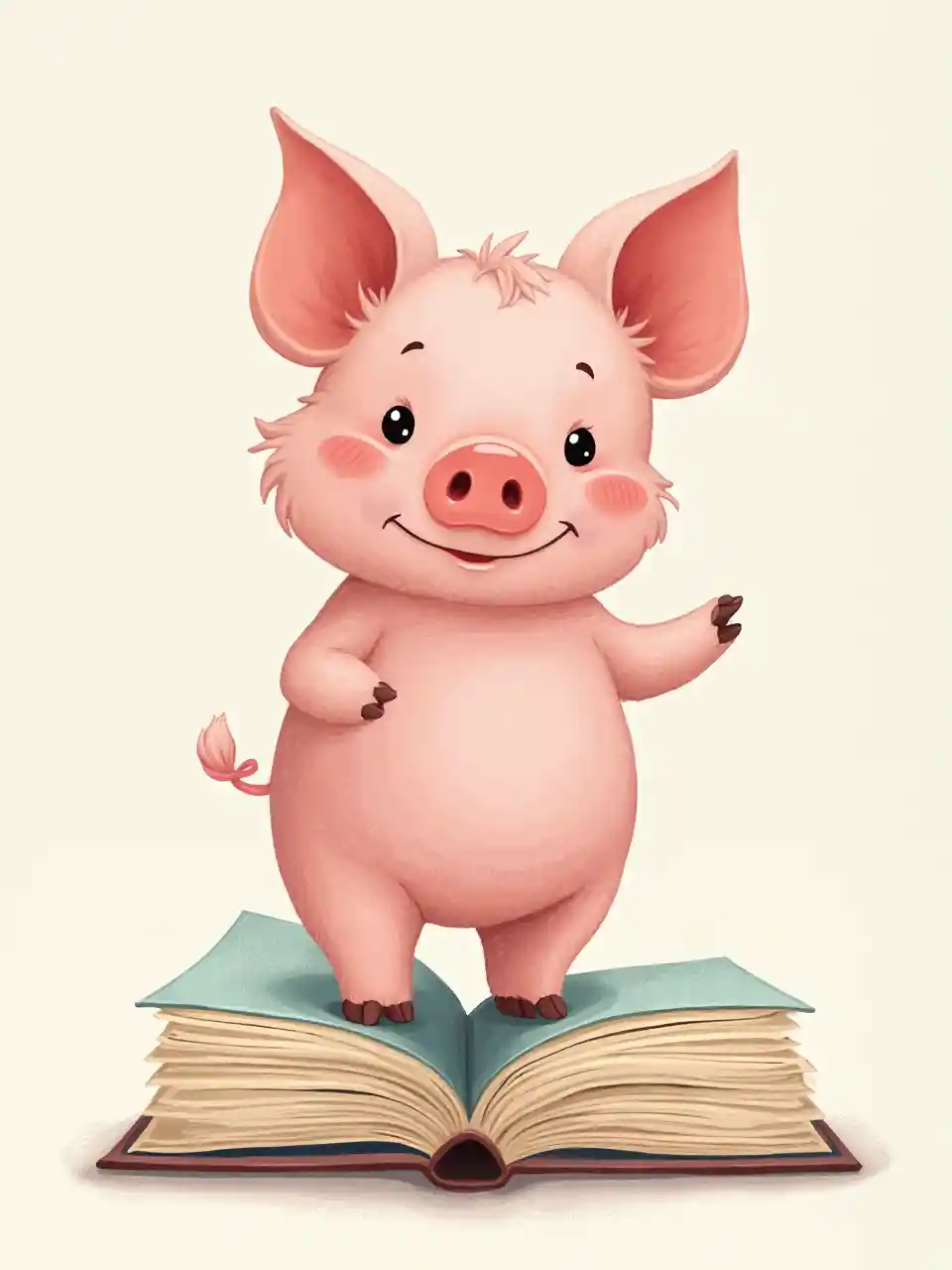 A Bright Pink Pig Standing on an Open Book Illustration