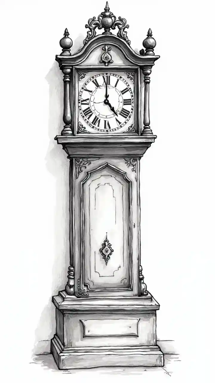 Intricate Pen and Ink Sketch of Grandfather Clock