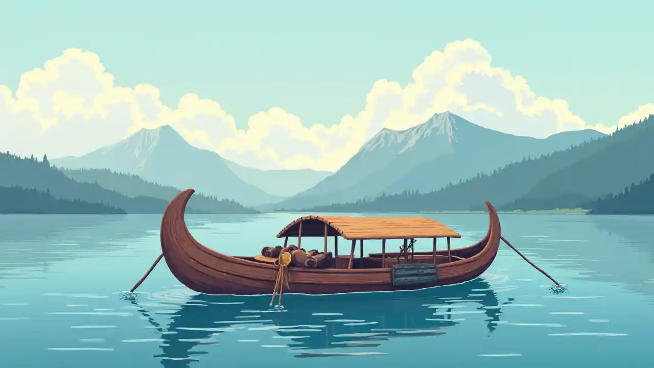 Beautiful Illustration of a Maori Waka Boat on Calm Water