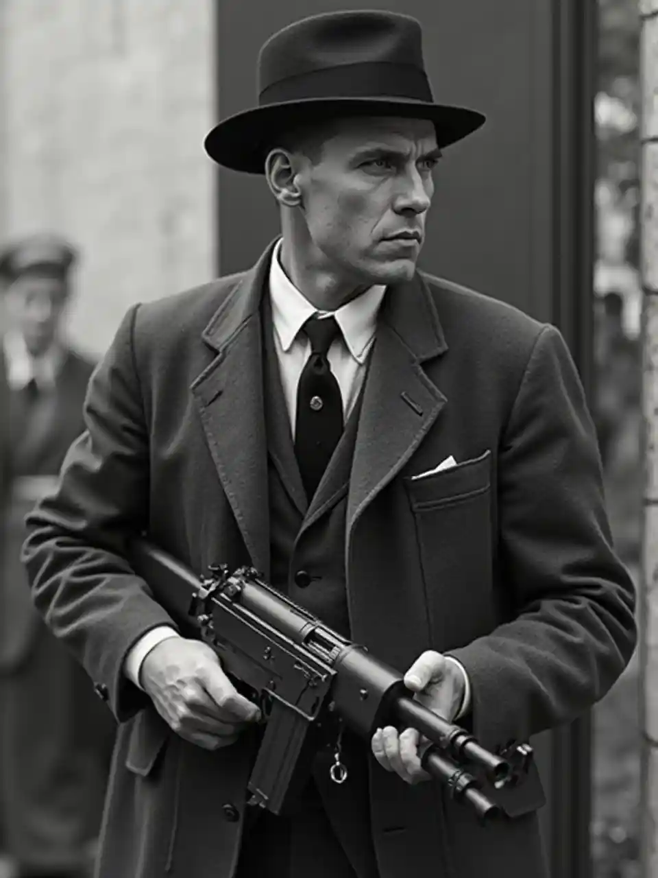 Vintage Mafia Man Holding Thompson Gun in Black and White