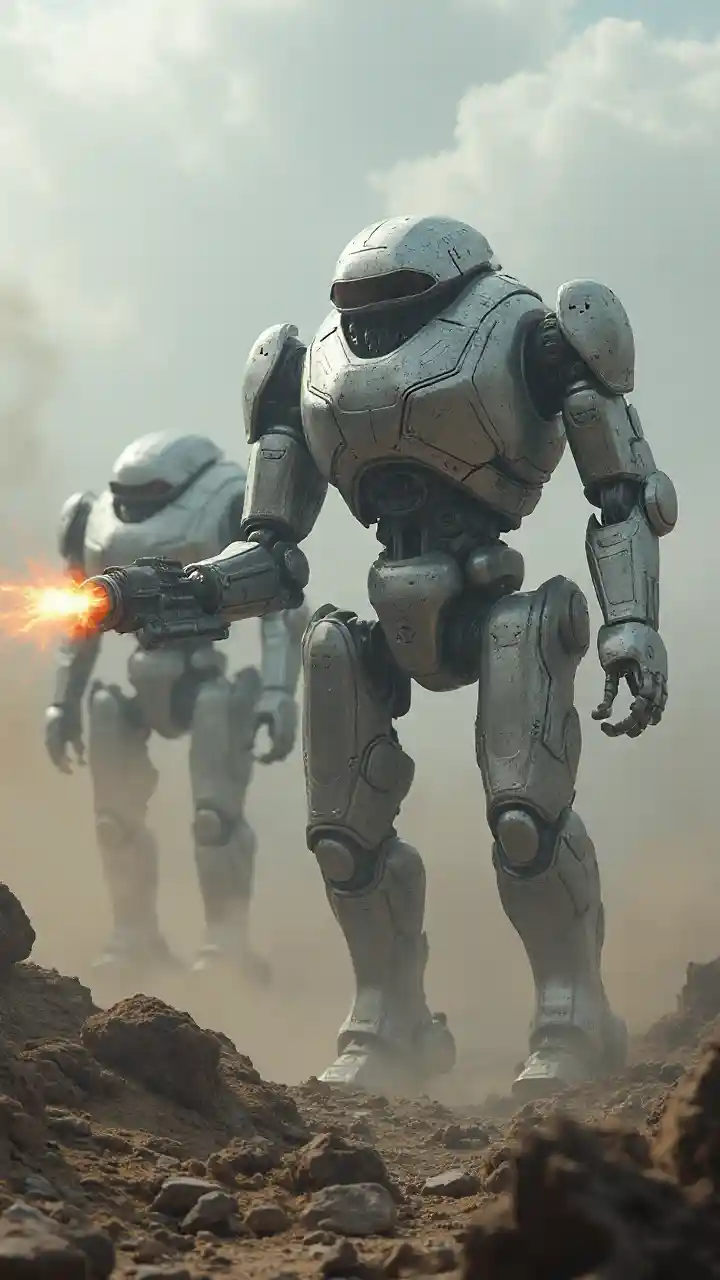 Epic Battle of Silver Robots in Ruined Landscape