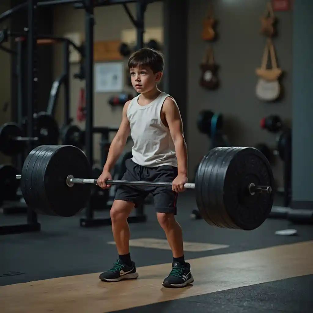 A Young Boy Powerlifting with a Heavy Barbell