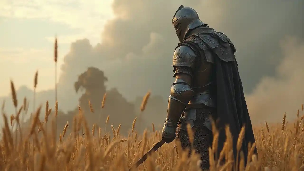 A Knight in Black Armor Defeats a Giant in a Wheat Field