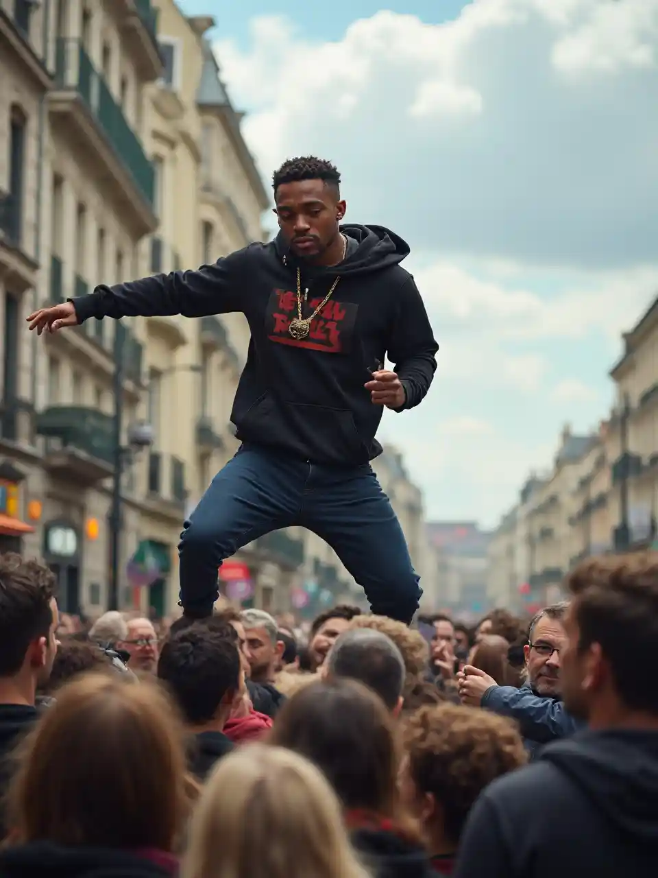 Dynamic Action Figure of a Rapper Jumping in a Crowd