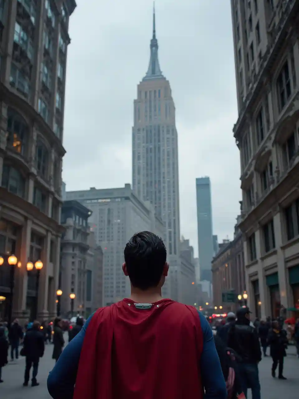 Jon Stewart Portrayed as Superman Gazing at Iconic Building