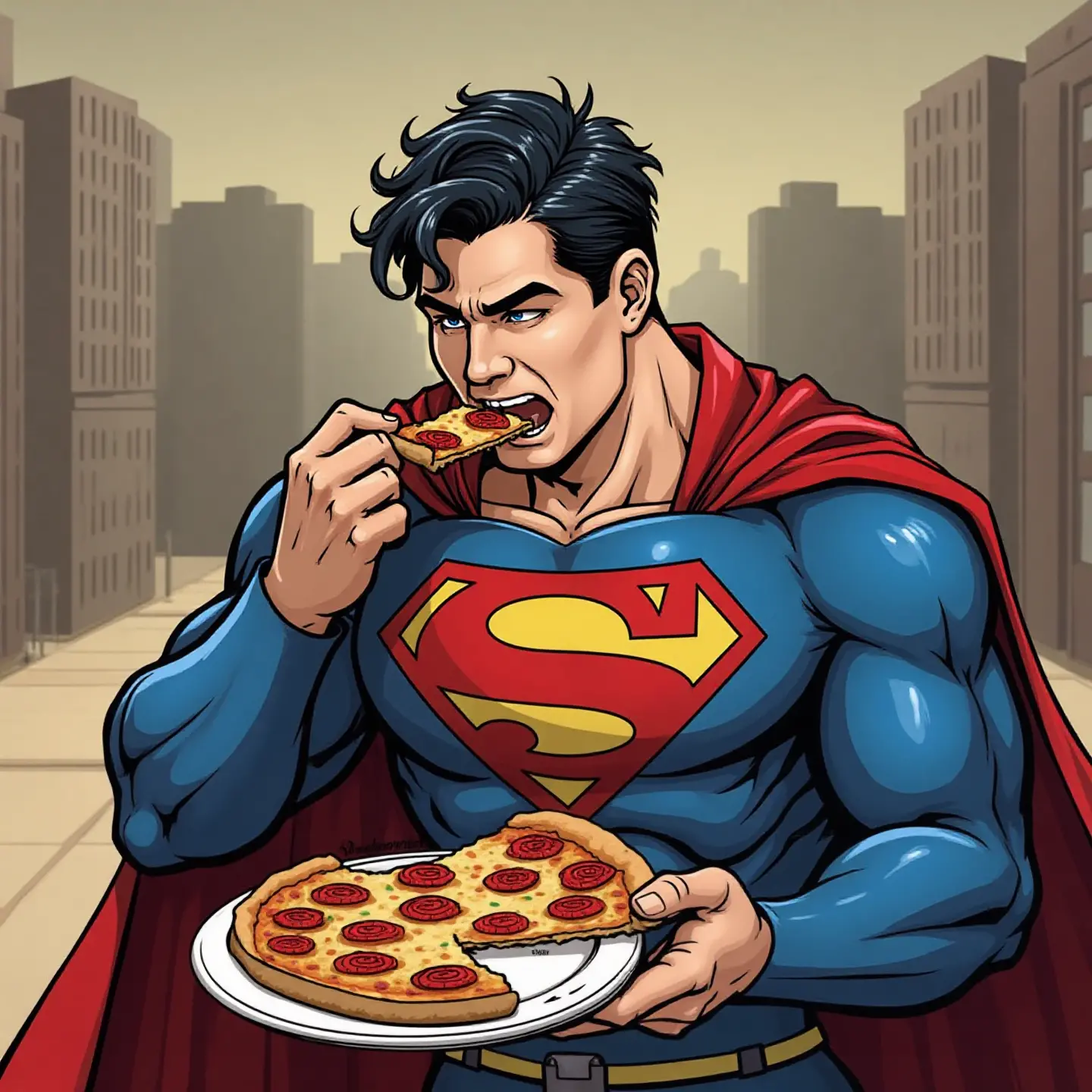 Superman Enjoying a Delicious Pizza Meal