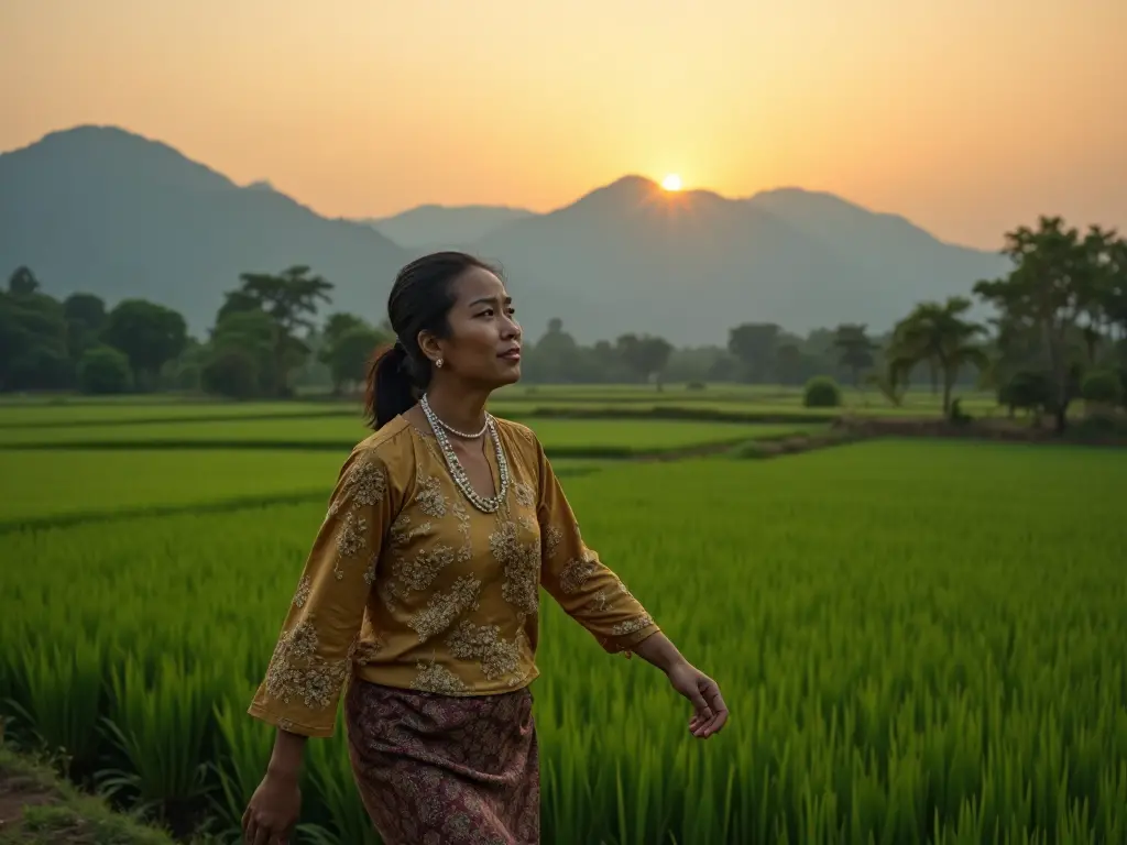 A Sundanese Woman in Traditional Kebaya on Rice Field