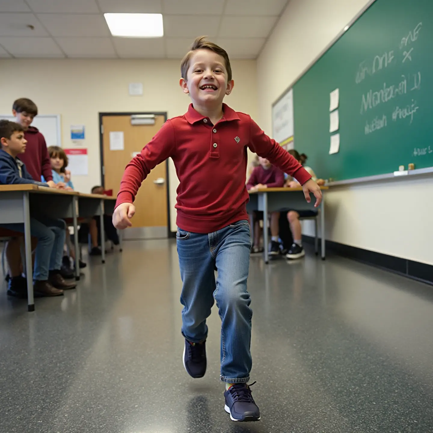 A Young Boy Joyfully Runs Around the Classroom