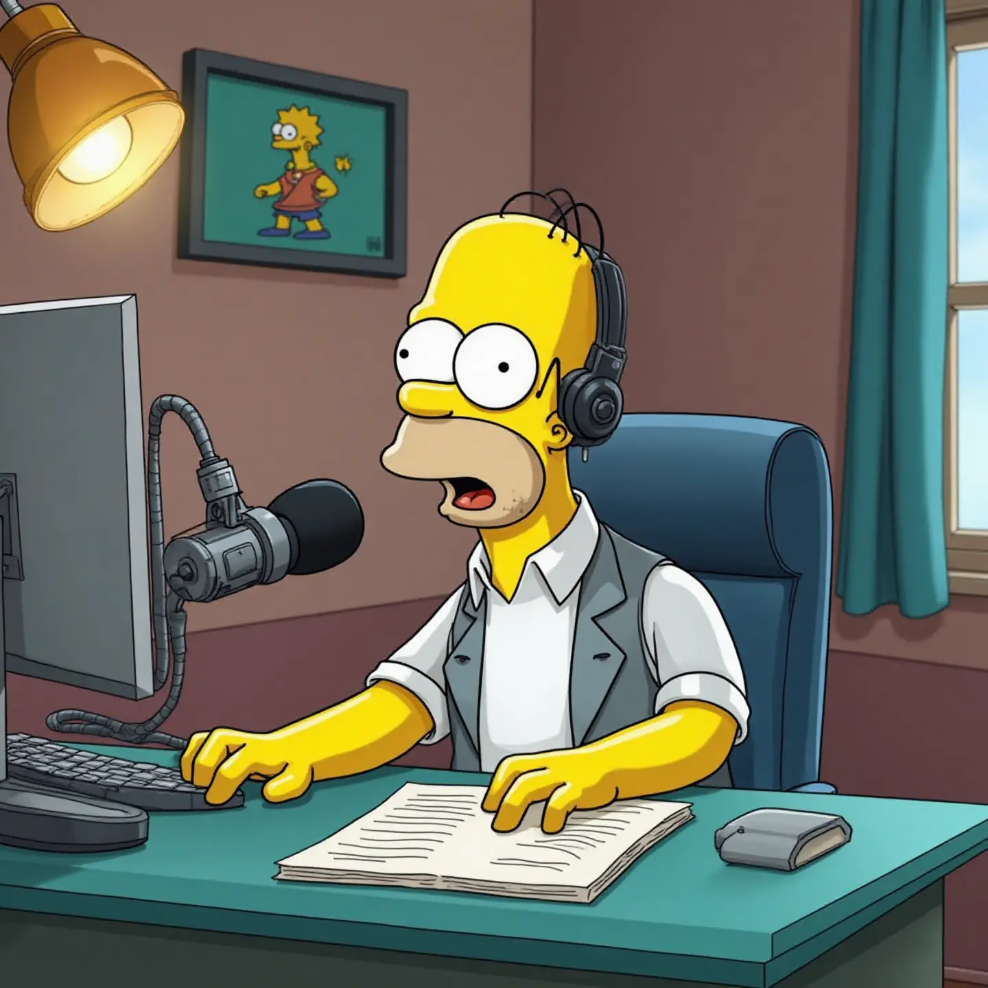 Homer Simpson in an Animated Podcast Studio Setting