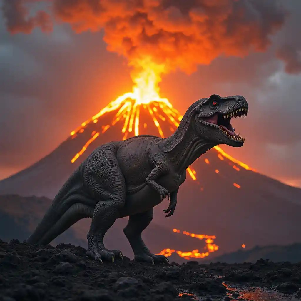A Majestic T-Rex in Front of a Roaring Volcano