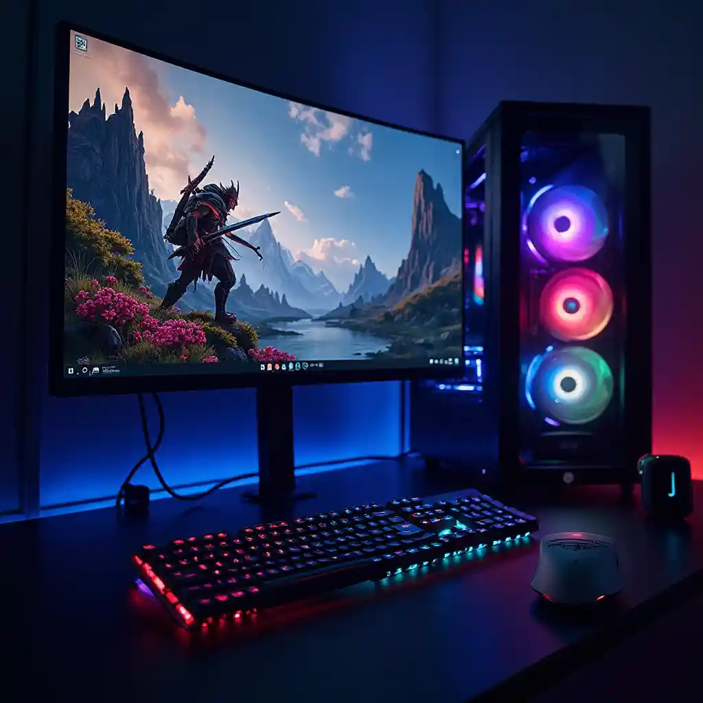 A Colorful Gaming PC Setup with Fantasy Display Lighting
