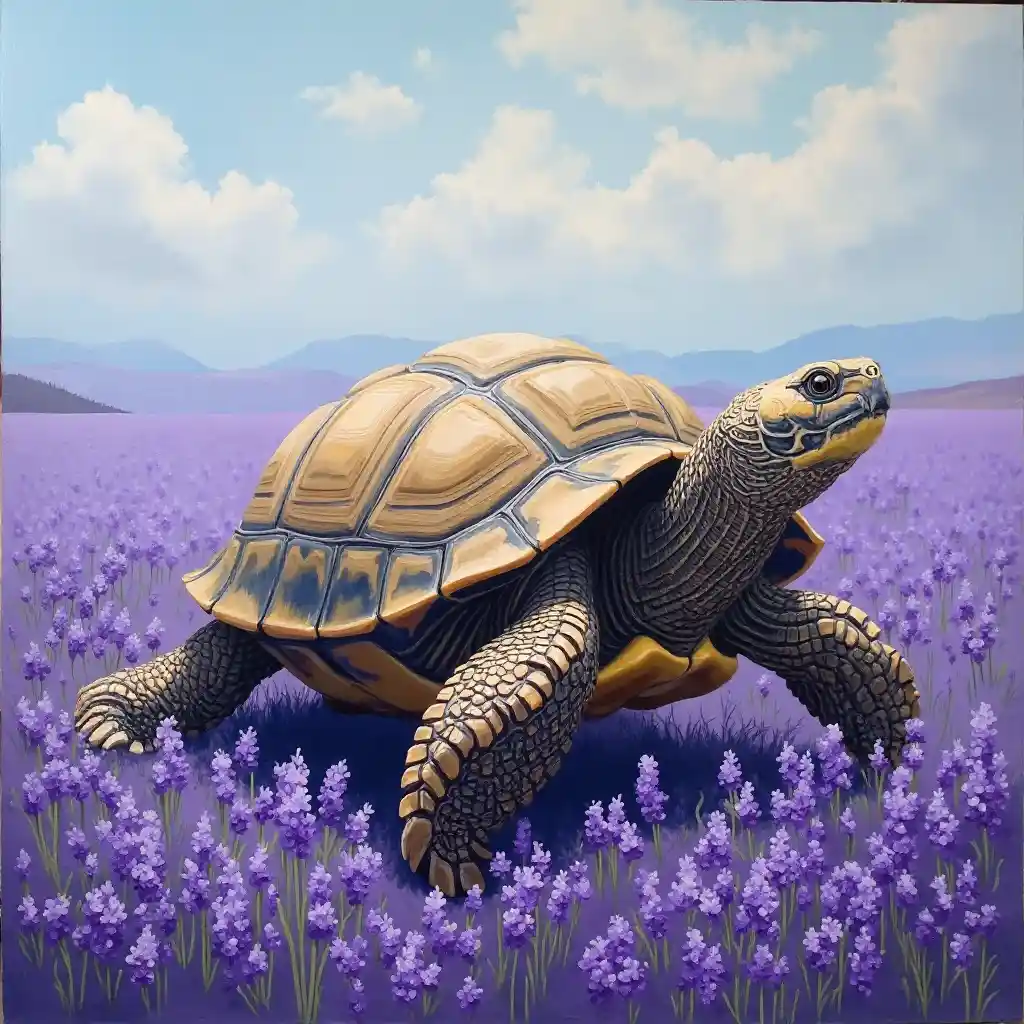 Realism Painting Featuring Testudo Turtle in Lavender Field