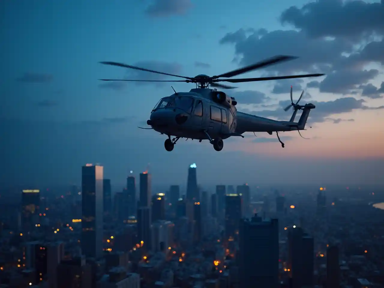 Dusk Flight of a Dark Military Helicopter Over City Skyline