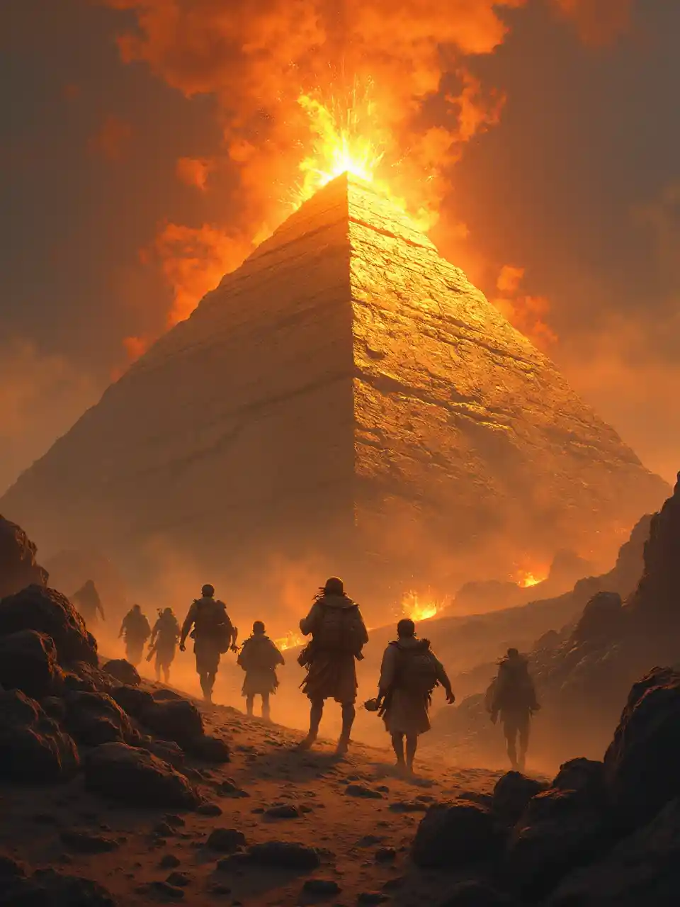 Fleeing Erupting Volcanoes with a Golden Pyramid