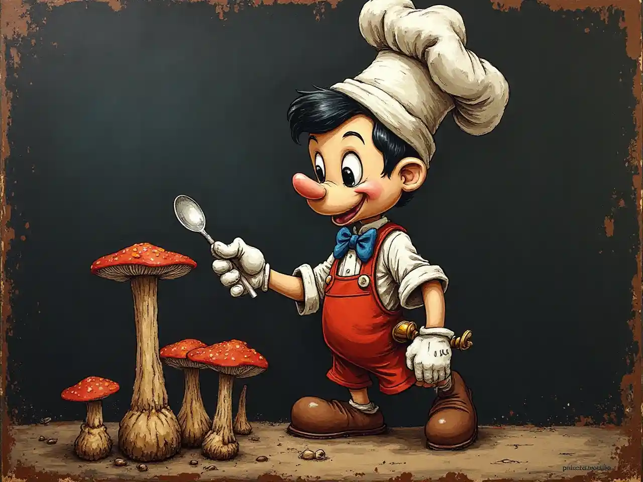 Pinocchio the Chef: A Scratchboard Illustration with Spoon and Mushrooms