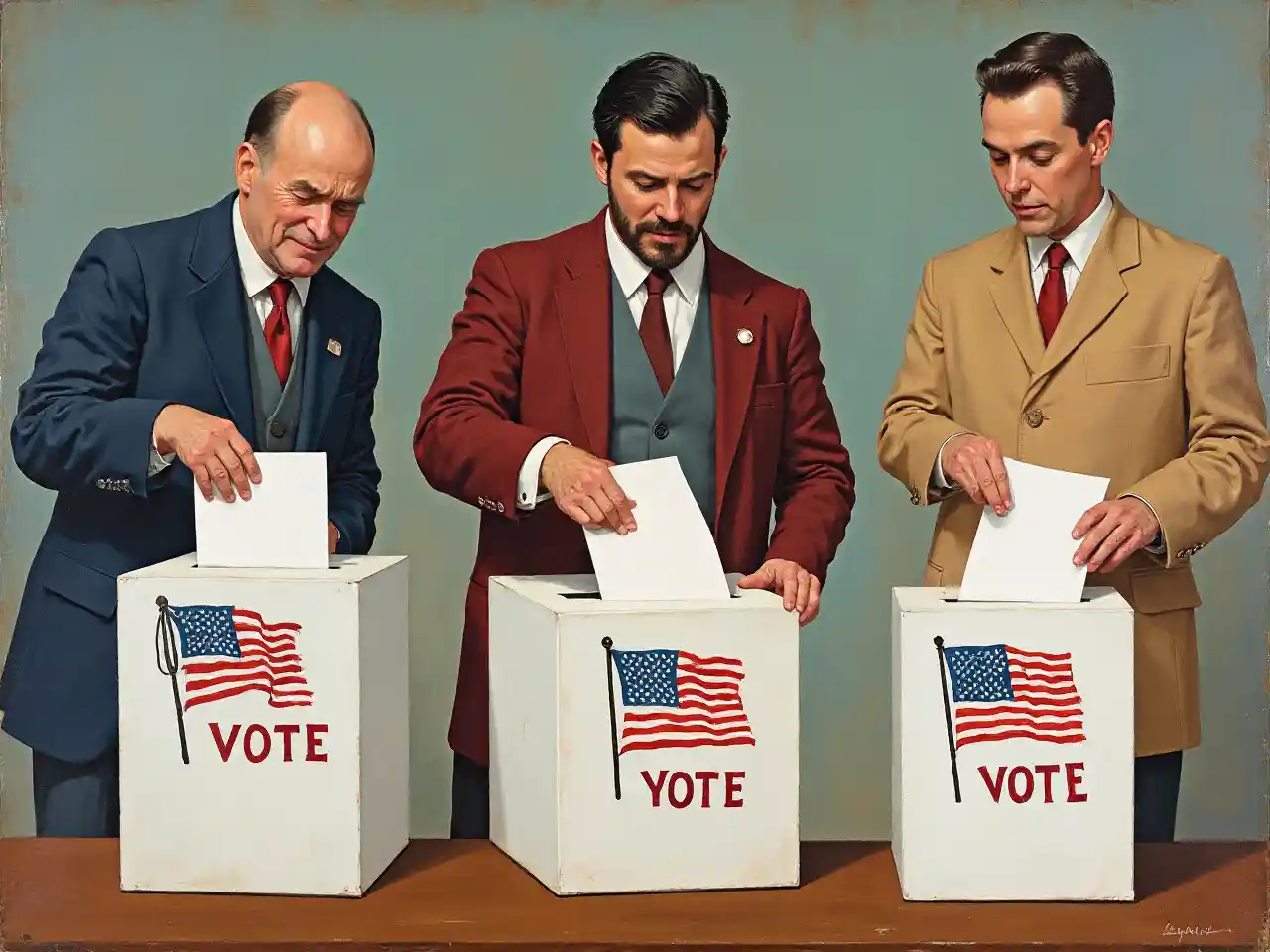 Three People Casting Ballots in a Patriotic Scene
