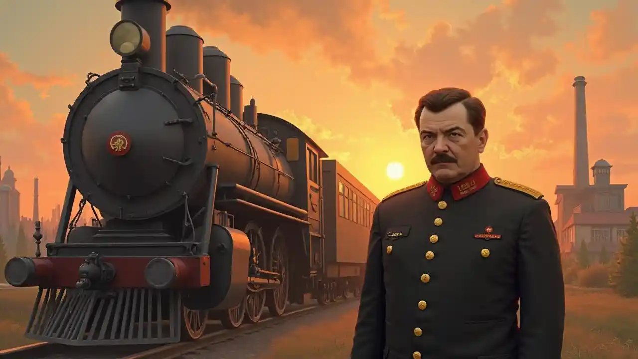 Joseph Stalin's Historical Portrait in Front of Industrial Landscape