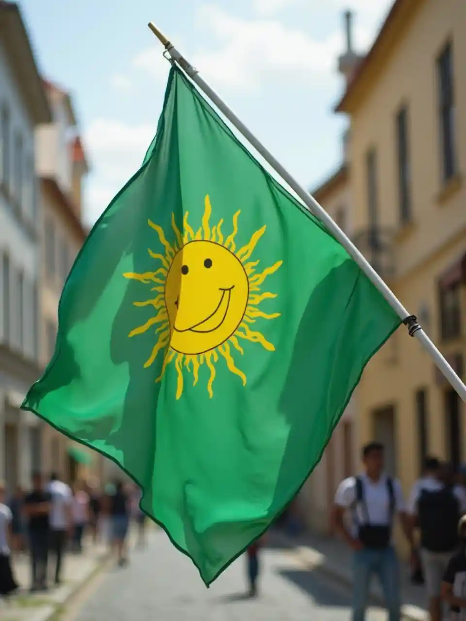 The Joyful Sun Flag Waves in the Urban Streetscape