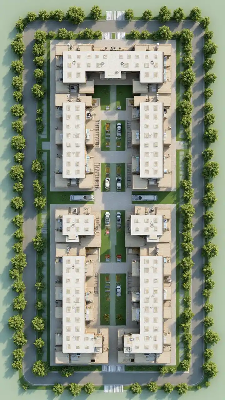 Detailed Top-Down Diagram of Apartment Layout and Parking