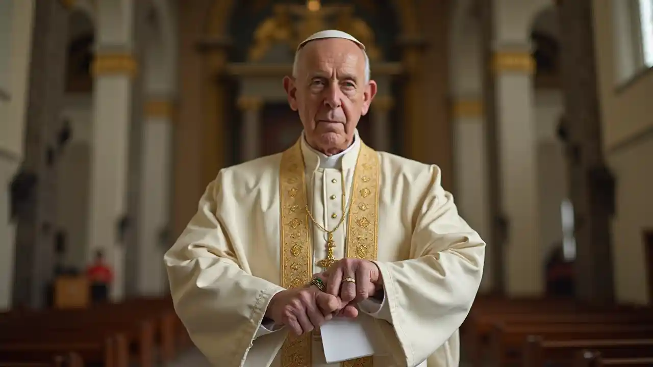 A Man Dressed as the Pope in a Church Wearing Watches
