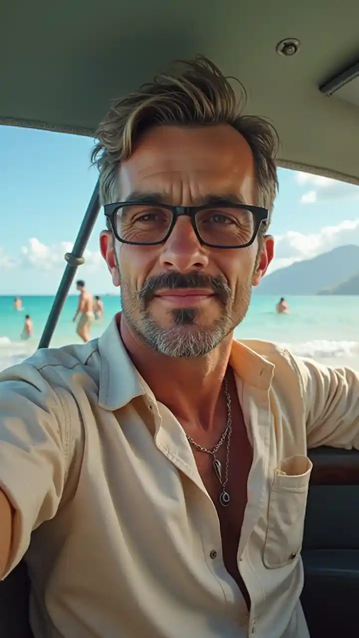 Charming Taxi Driver with Mustache at the Beach