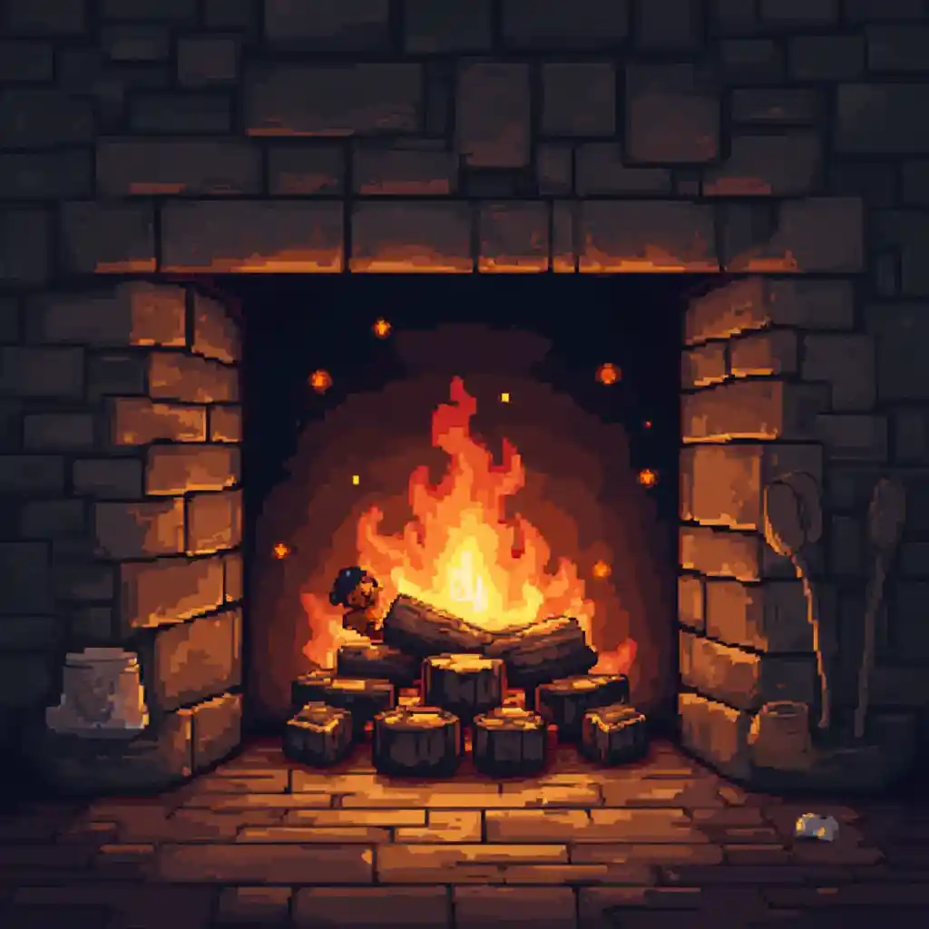The Warm Glow of 8-Bit Fire in a Cozy Fireplace