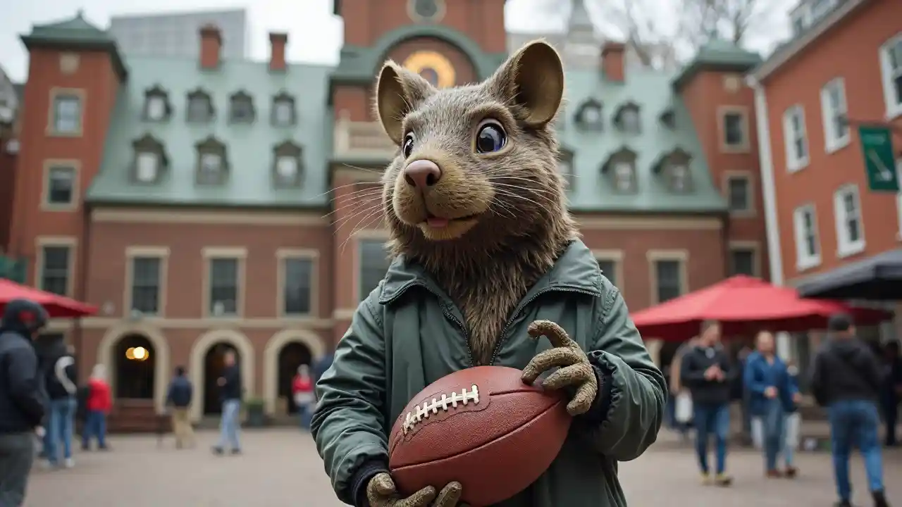 Rat Mascot Holding Football Near Faneuil Hall
