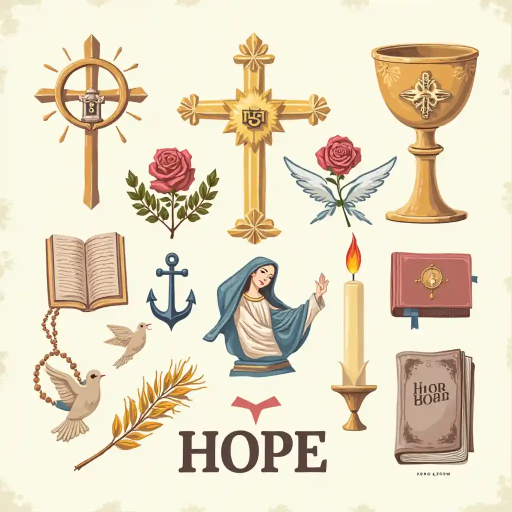 Symbolic Poster Featuring Catholic Icons and Hope Theme