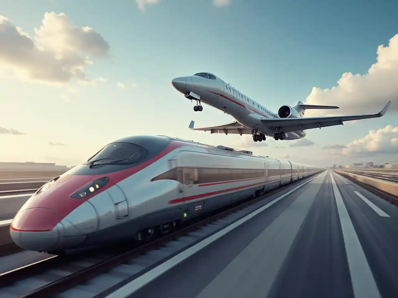 Sleek Passenger Jet and High-Speed Train Take Off Together