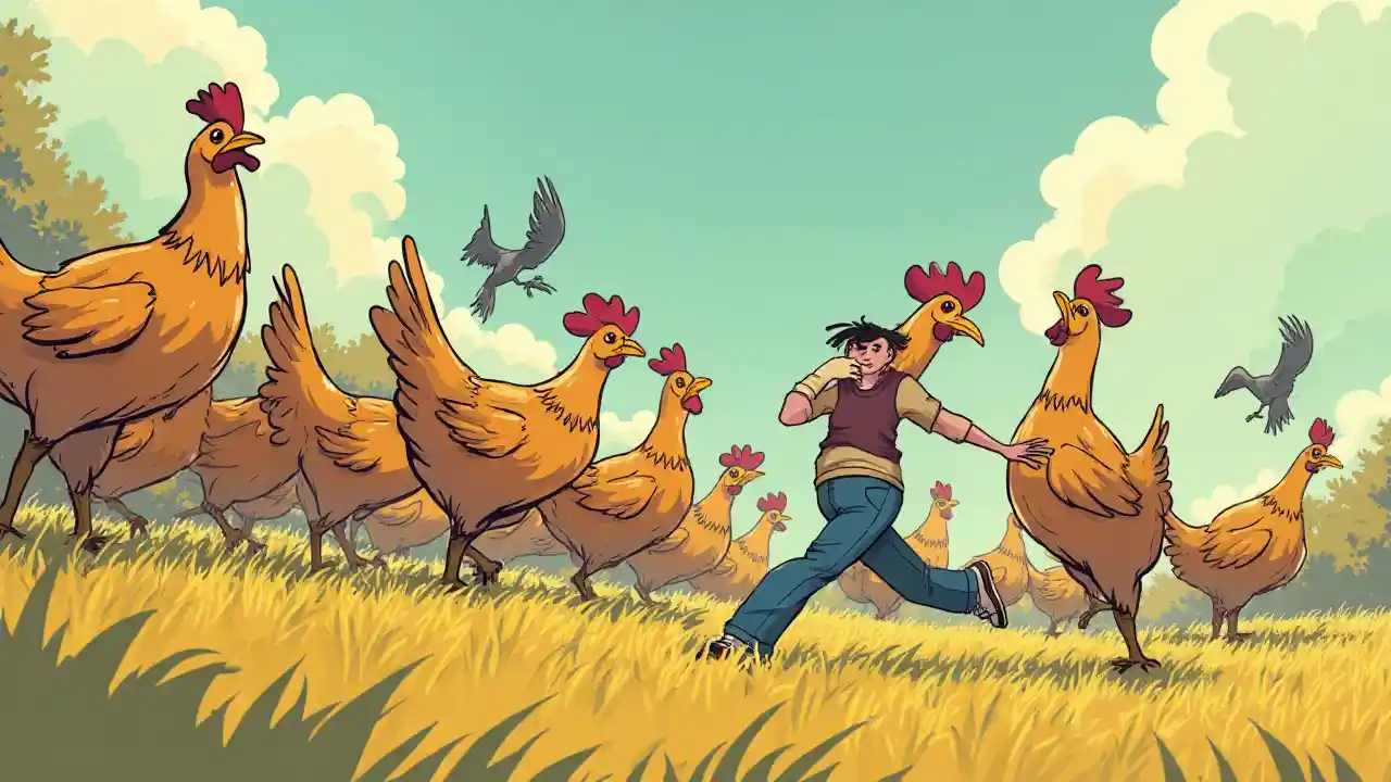 A Hilarious Chase: Man vs. Giant Chickens in the Field