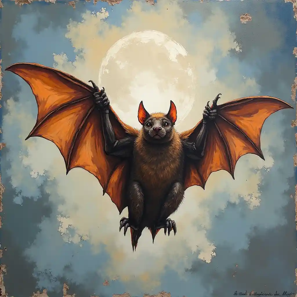 A Beautiful Flying Bat Depicted in Oil Painting