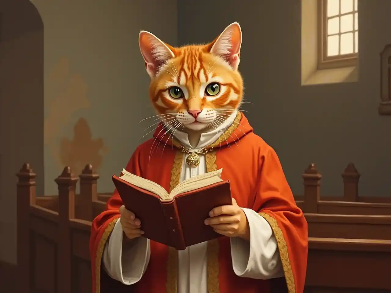 A Whimsical Painting of a Tabby Cat Pope in a Church