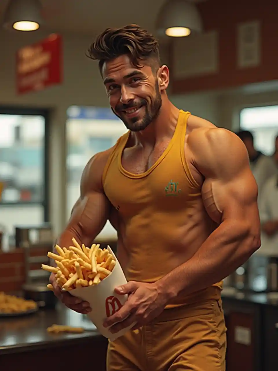 A Muscular Man Working at McDonald's Serving Fries
