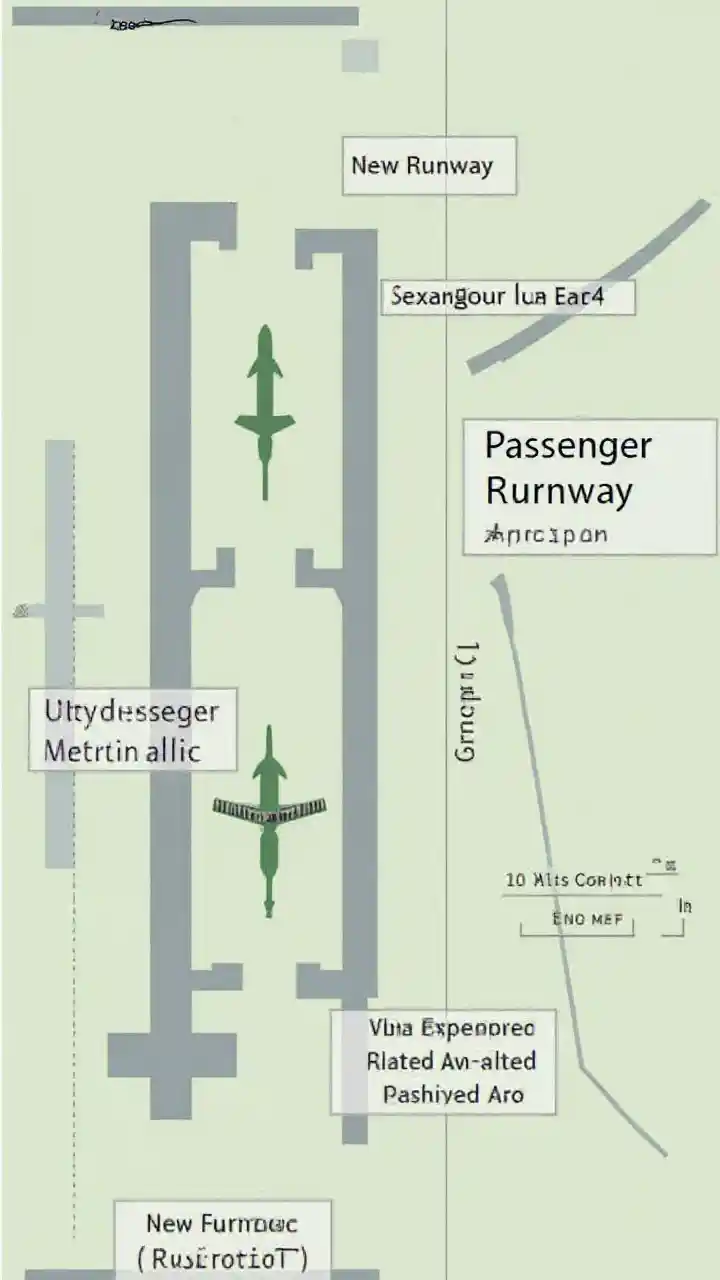 Detailed Airport Layout Illustration with Key Features Labeled