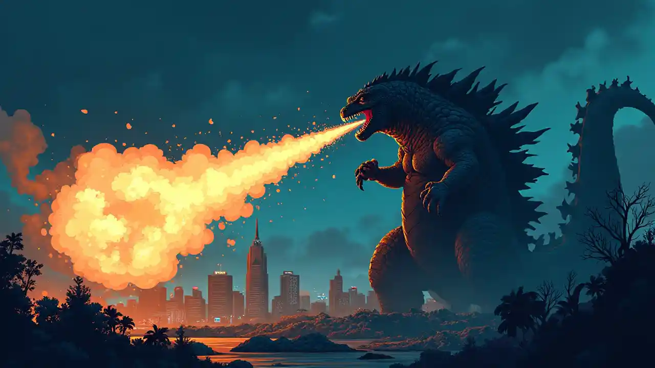 Godzilla's Atomic Breath Illuminates Night Cityscape