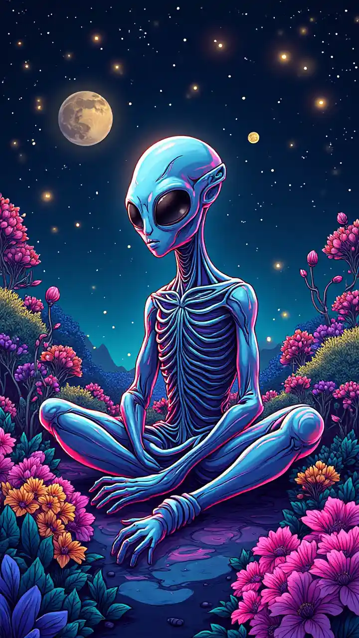 Meditating Alien in a Vibrant Celestial Garden Art