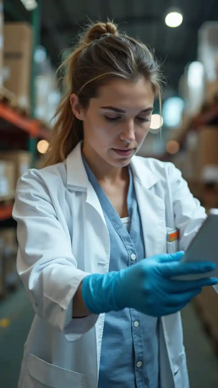 Woman in Lab Coat Analyzes Evidence in Warehouse
