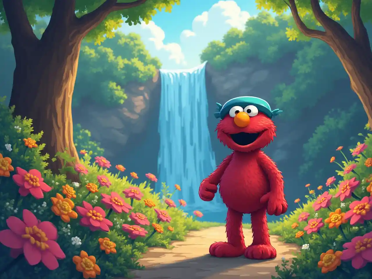 Elmo in a Fantasy Forest with Colorful Elements