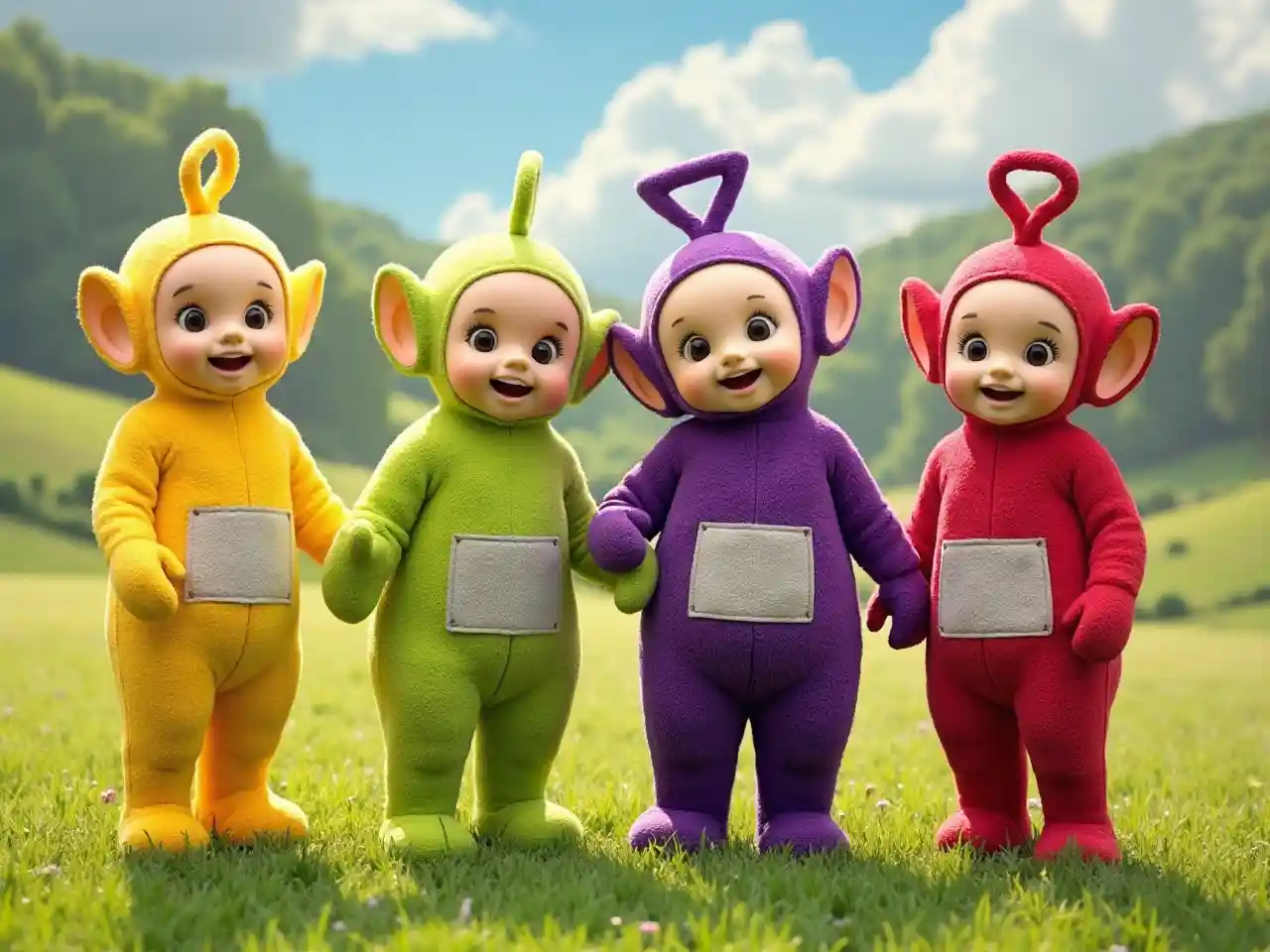 La alegre reunión de coloridos teletubbies en el campo iluminado por el sol
