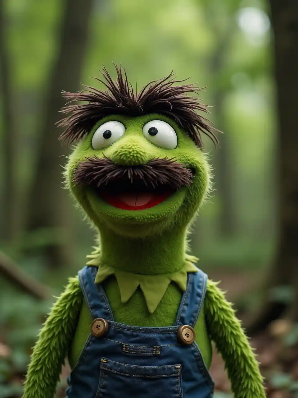 A Fuzzy Green Character in a Vibrant Forest Setting
