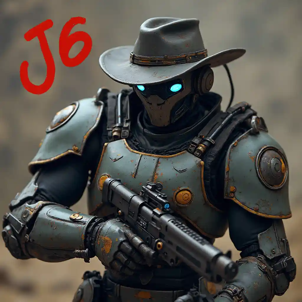 Mysterious Armored Robot in Cowboy Hat with Glowing Eyes