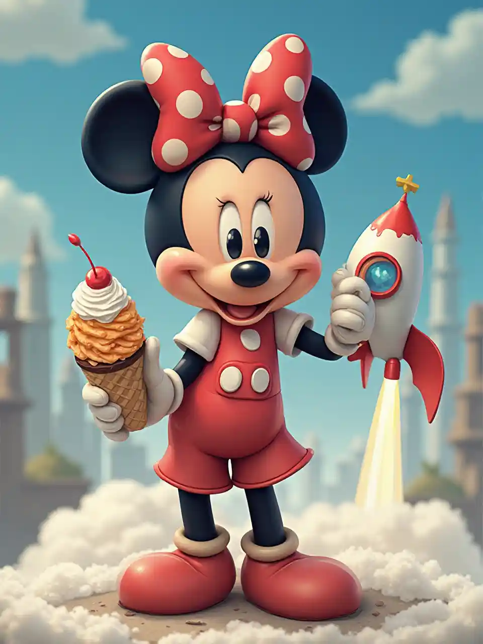 Un personaje mágico de Disney disfrutando de helados y cohetes