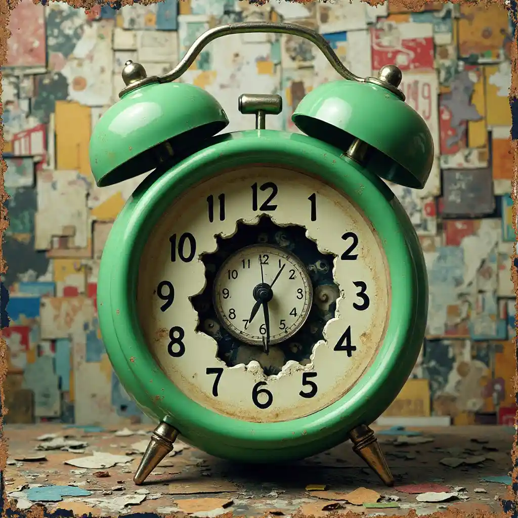 A Surreal Green Alarm Clock in a Weirdcore Collage Style