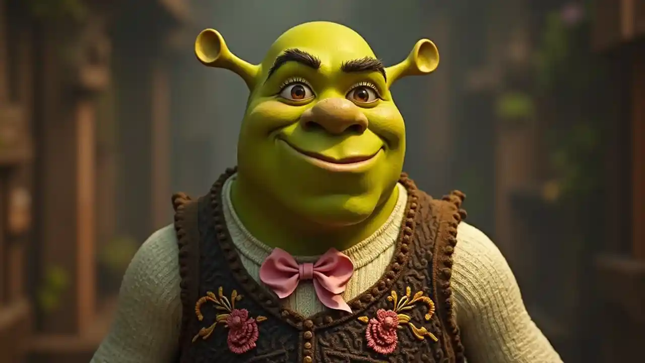 Shrek's Stylish Transformation with Pink Bow Tie and Embroidery