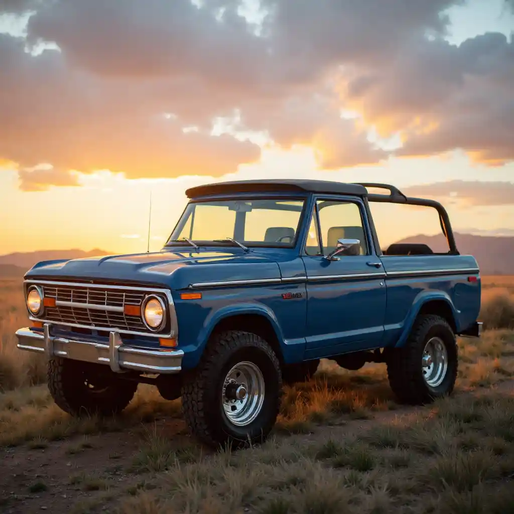 A Scenic View of a Blue 1978 Ford Bronco at Sunset