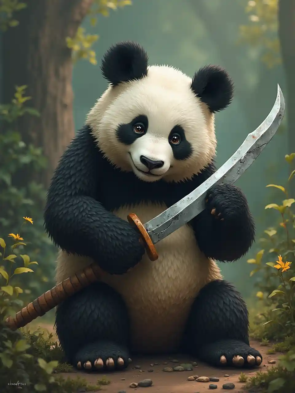 Panda Embracing a Fractured Sword in Its Embrace