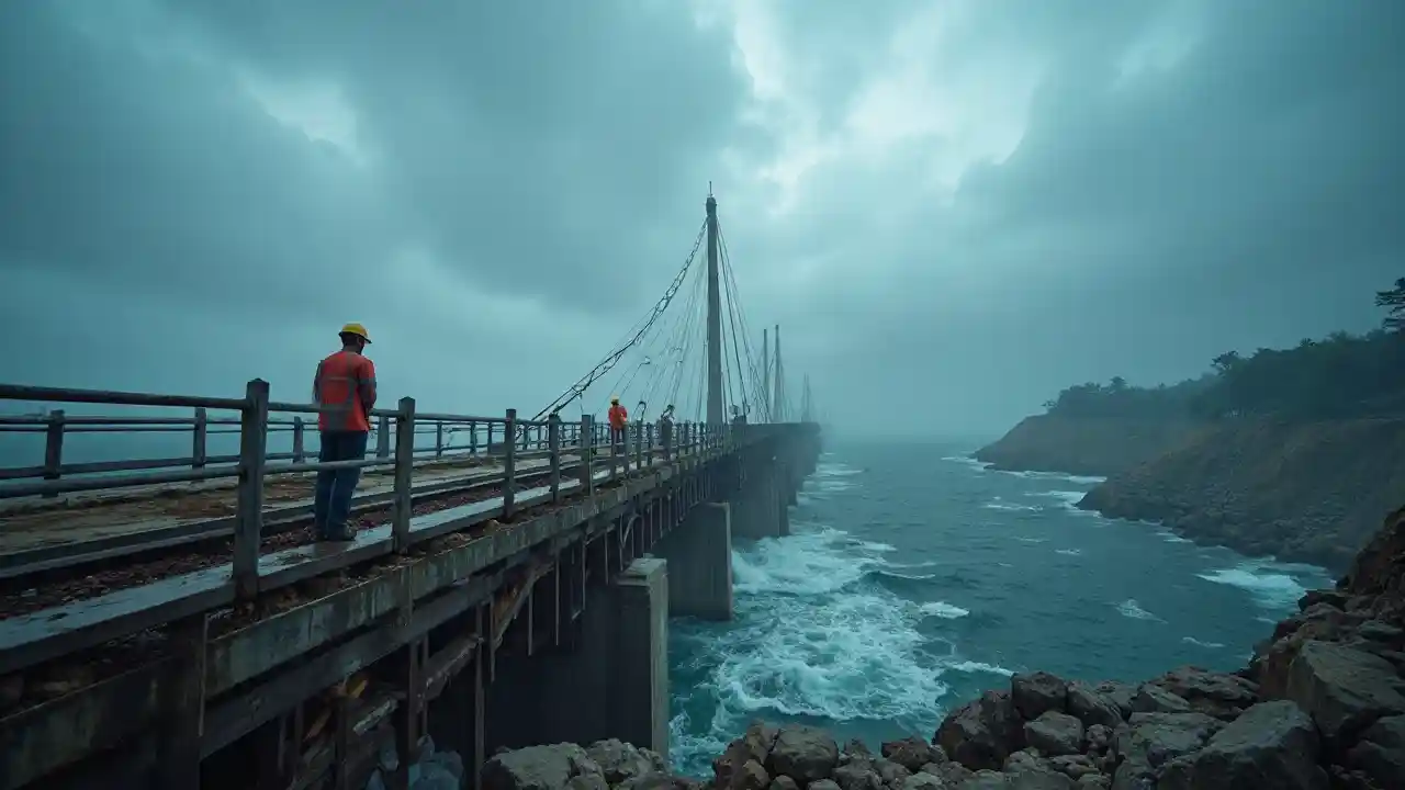 Workers Brave Stormy Weather to Build Bridge