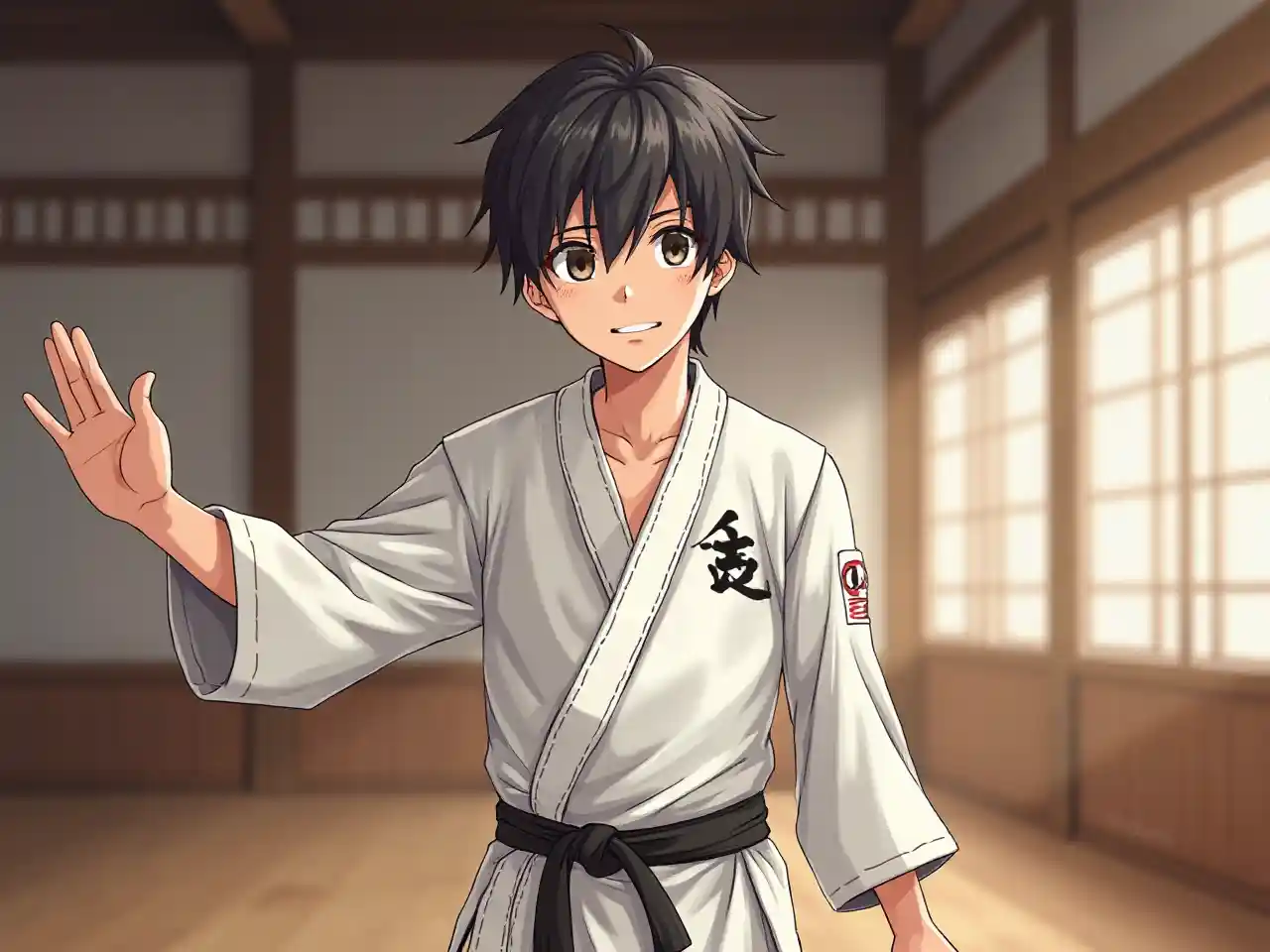 Dynamic Anime Illustration of a Young Karate Practitioner in Dojo