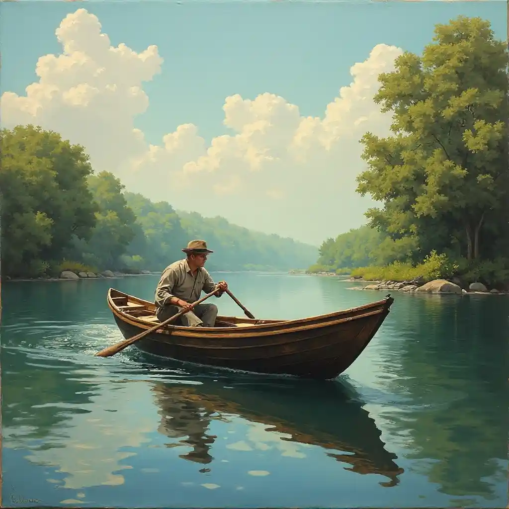 A Beautiful Painting of a Rowing Boat on the River